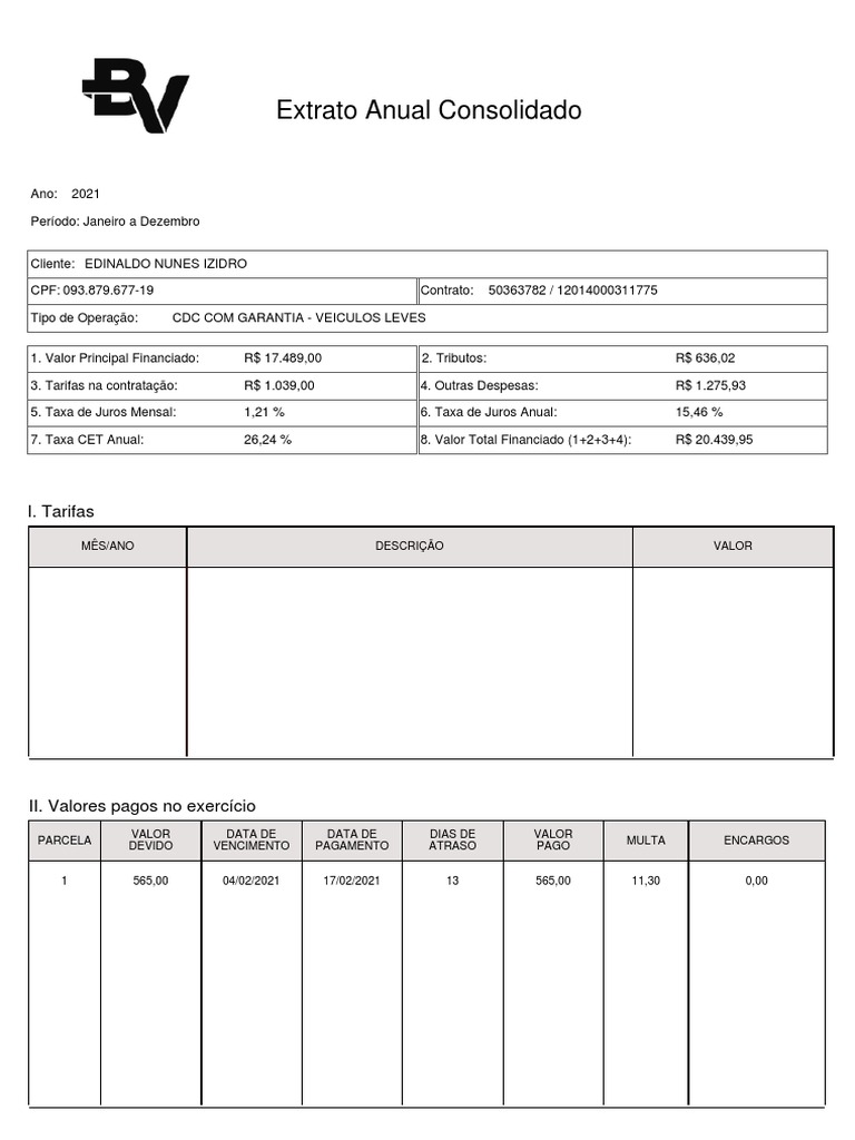 Extrato Anual Consolidado: I. Tarifas | PDF