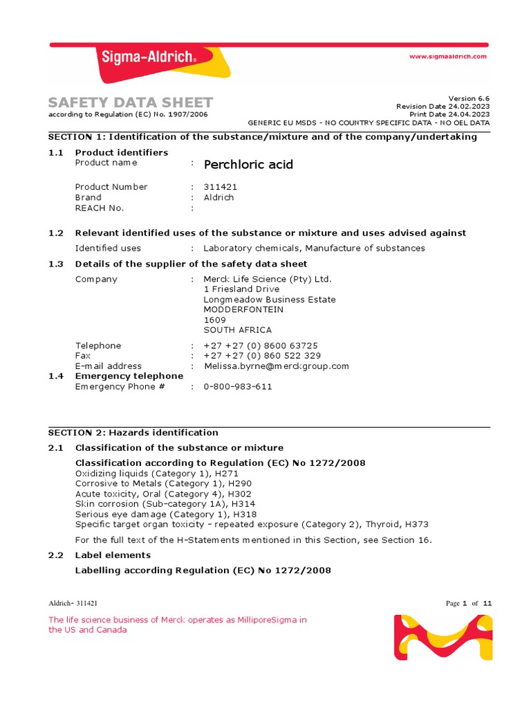 Perchloric Acid Sds | PDF | Toxicity | Dangerous Goods