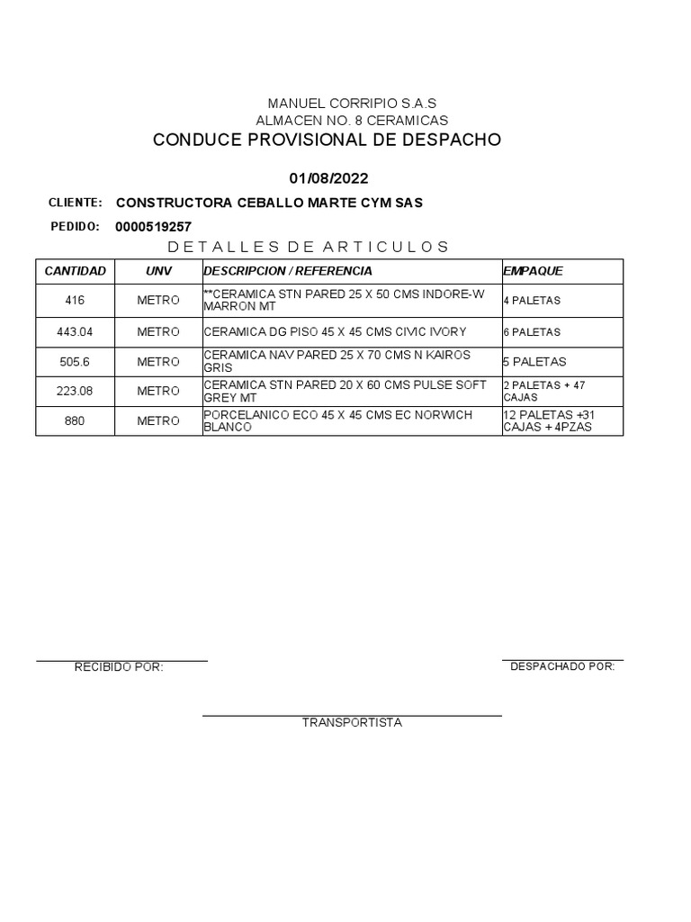 Conduce Provisional de Despacho | PDF