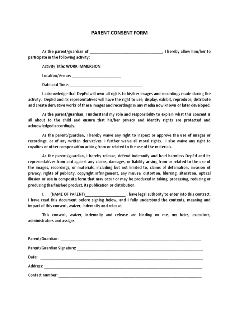 PARENT CONSENT FORM Sample | PDF | Indemnity | Intellectual Property Law