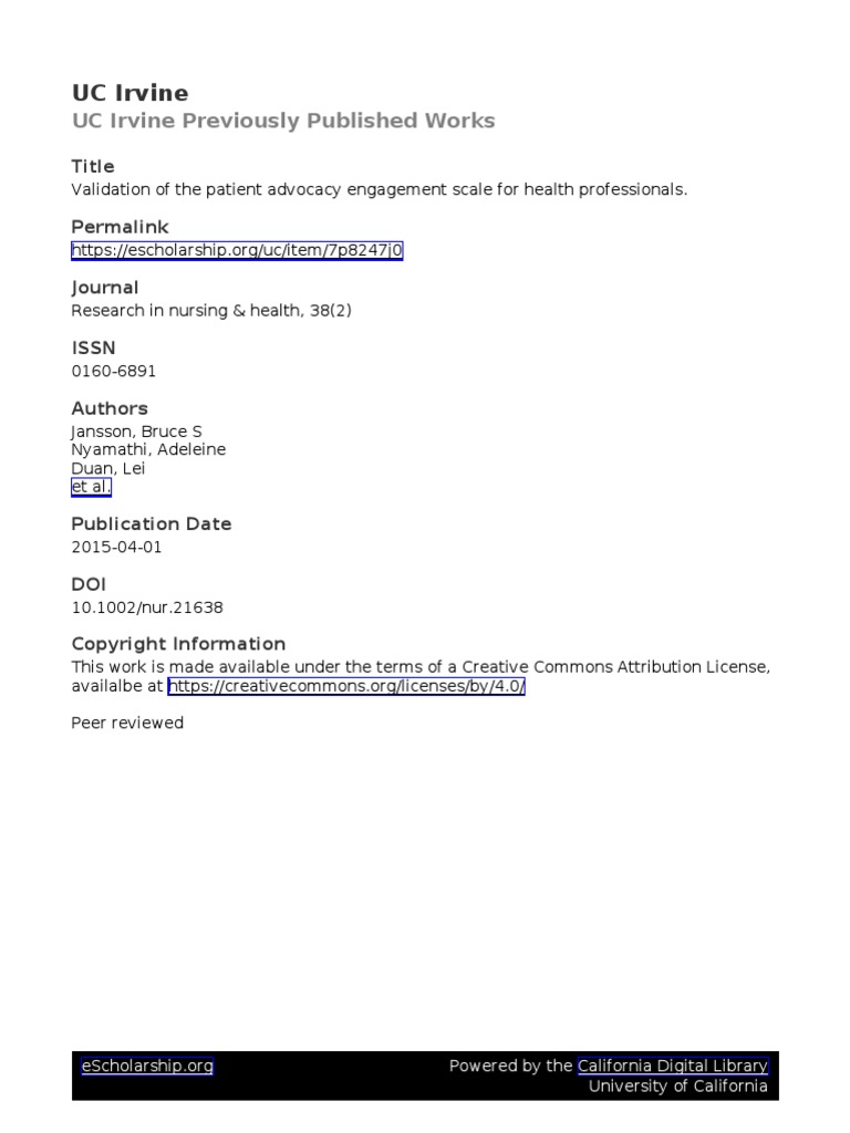 Validation of The Patient Advocacy Engagement Scale For Health ...