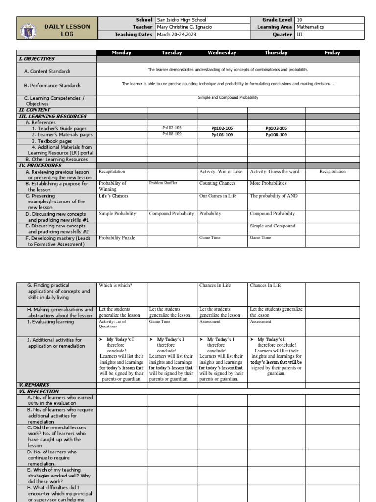Math 10 Daily Lesson Plan: Quarter 3 | PDF | Language Arts & Discipline ...