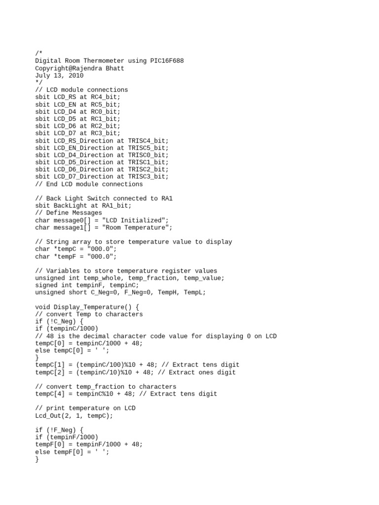Digital Temperature Meter Using PIC16F688 | PDF | Liquid Crystal Display | Integer (Computer ...