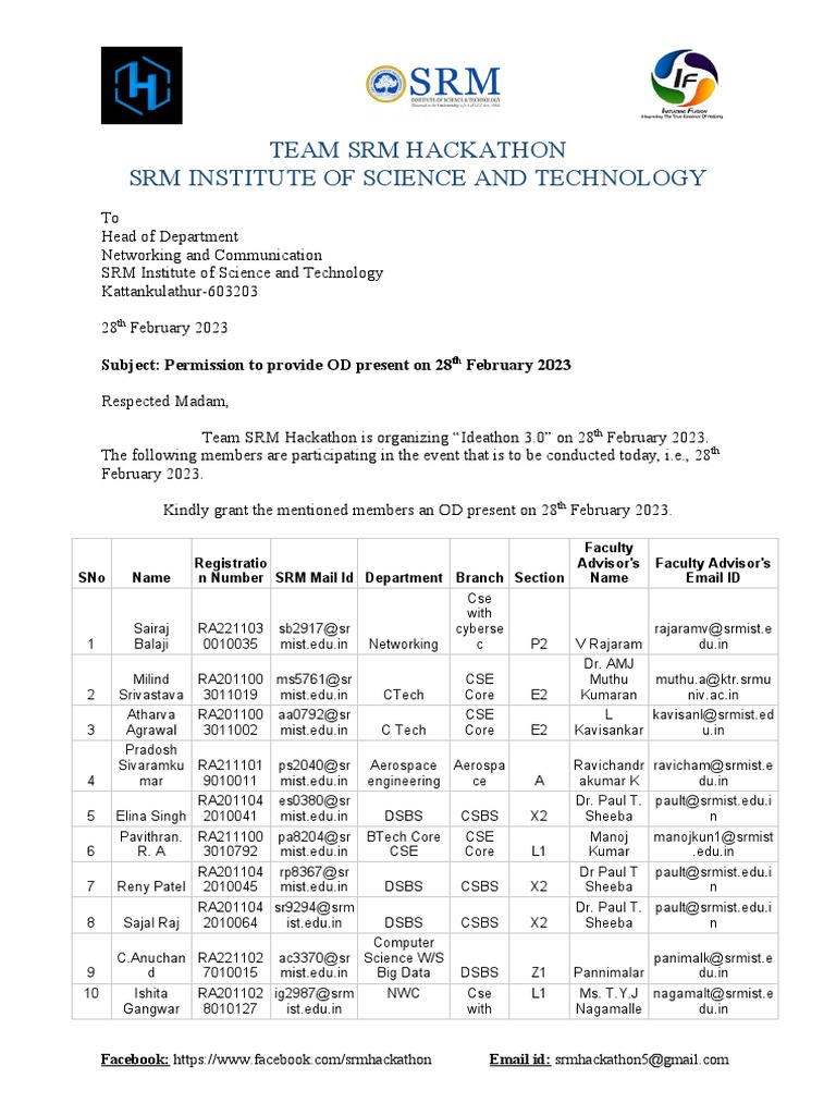 Team SRM Hackathon SRM Institute of Science and Technology: Subject: Permission To Provide OD ...