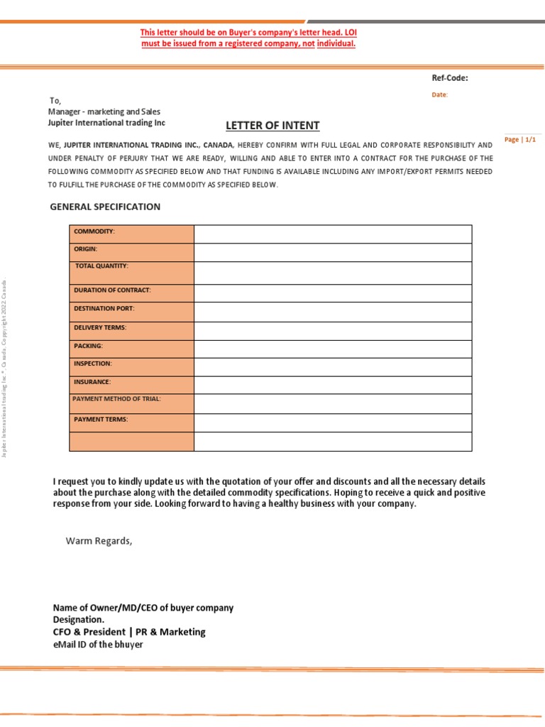 LOI Template - From Buyer To Jupiter International | PDF | Private ...