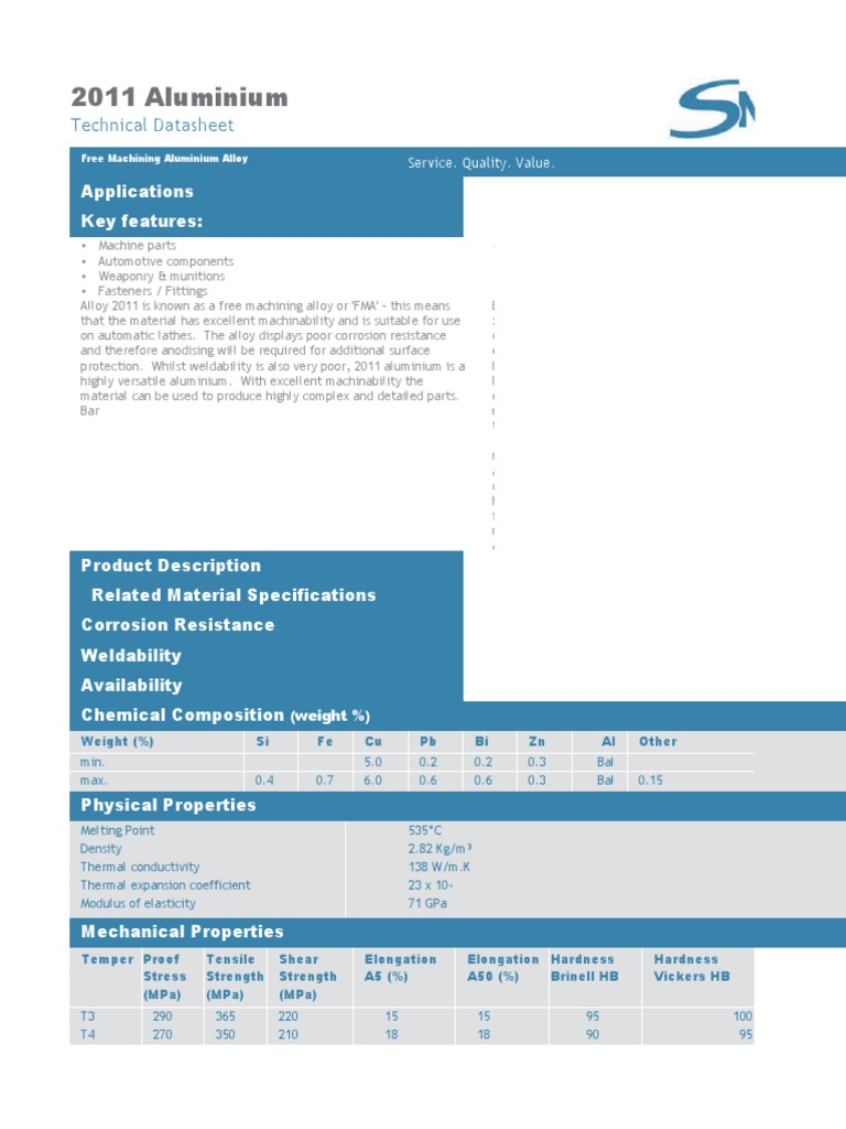 2011 Aluminium: Technical Datasheet | PDF | Strength Of Materials ...