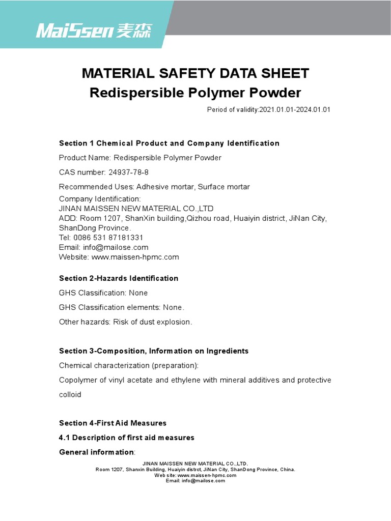 Redispersible Polymer Powder MSDS | PDF | Firefighting | Toxicity