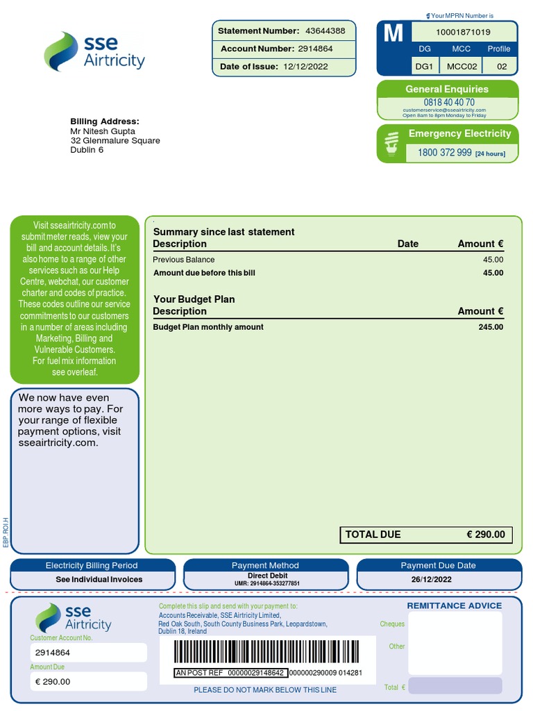 Statement Number: 43644388 Account Number: 2914864 Date of Issue: 12/12 ...