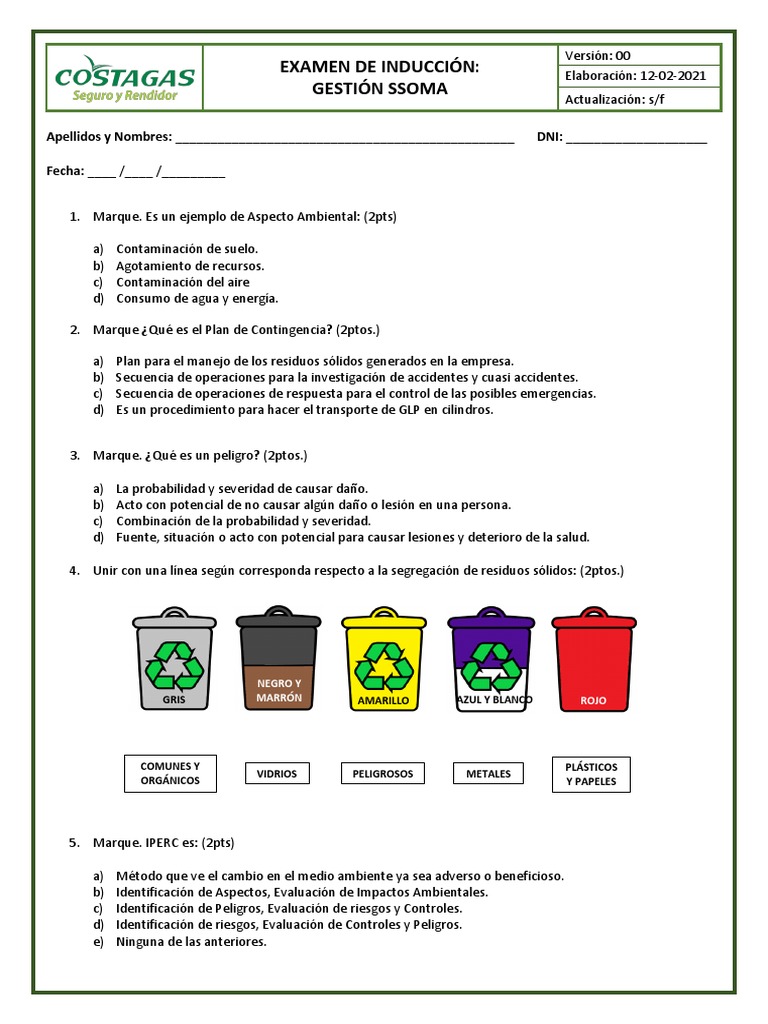 Examen de Inducción - Gestión Ssoma v00 | PDF | Residuos | Contaminación Examen de Inducción - Gestión Ssoma v00 | PDF | Residuos | Contaminación
