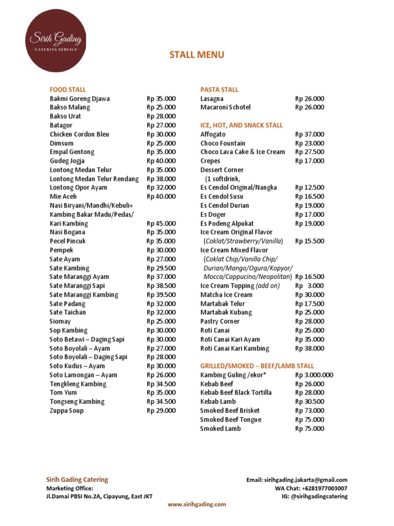 Daftar Menu Stall Sirih Gading Catering Update Juli 2022 QsSeRCmNp | PDF