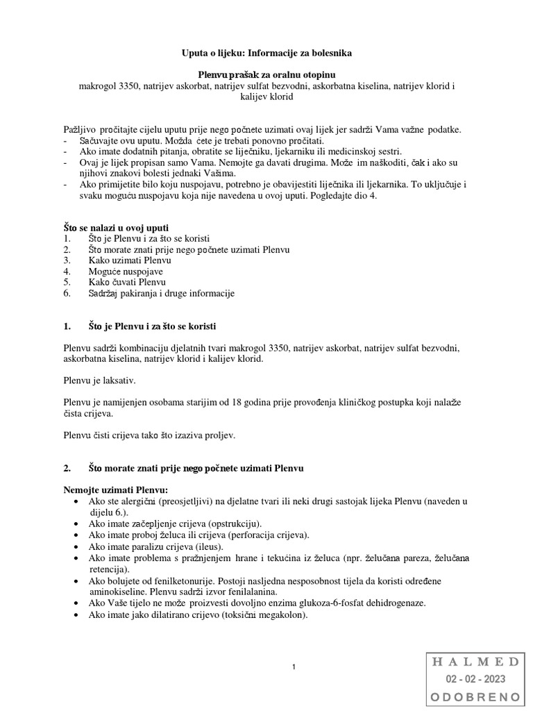 Uputa o Lijeku: Informacije Za Bolesnika Plenvu Prašak Za Oralnu Otopinu | PDF