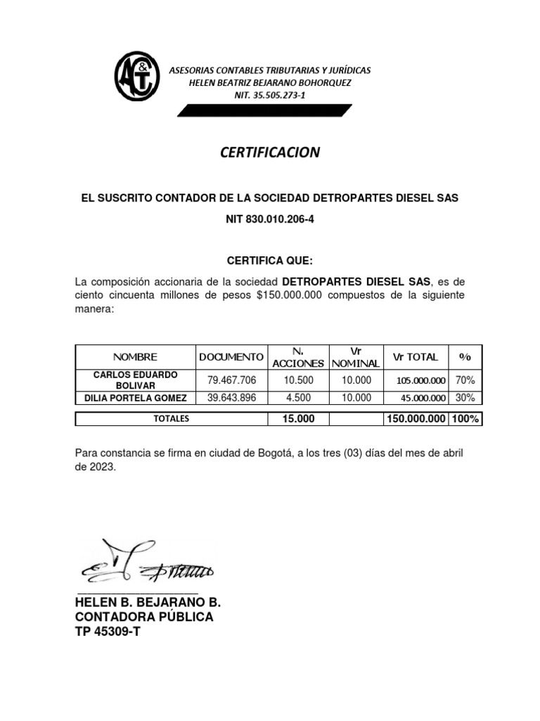 CERTIFICADO COMPOSICION ACCIONARIA 03042023 | PDF