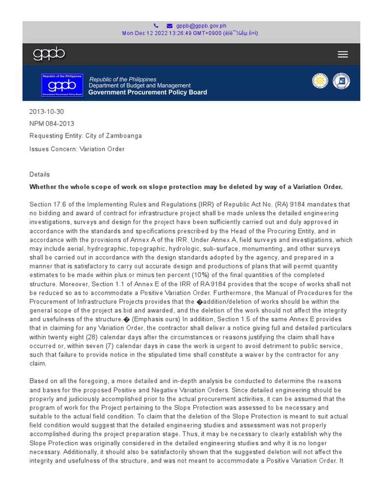 Guidelines for Variation Orders RA 9184 | PDF