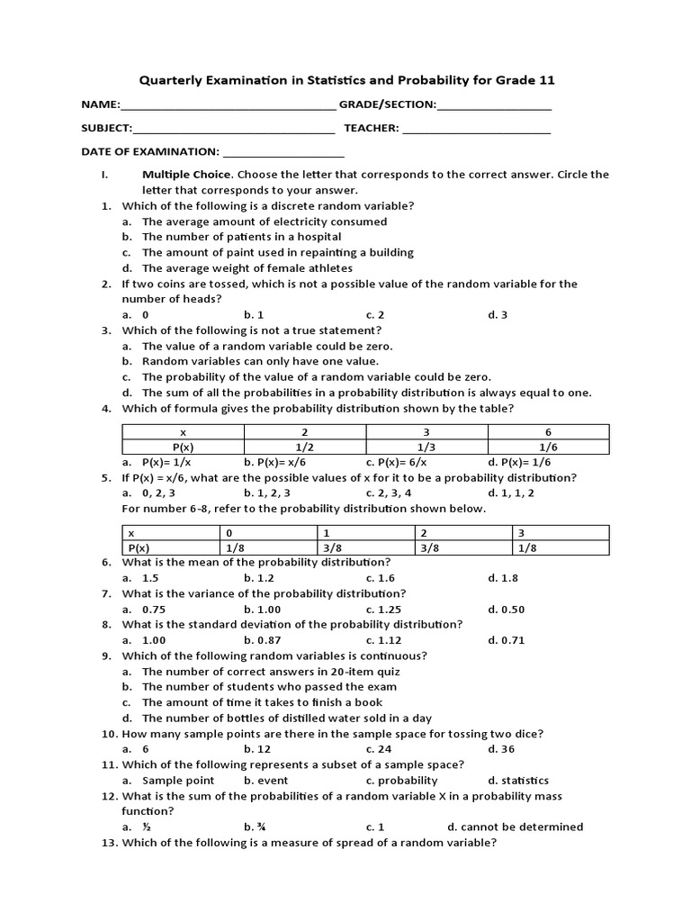 Third Quarter Examination in Statistics and Probability For Grade 11 | PDF | Random Variable ...
