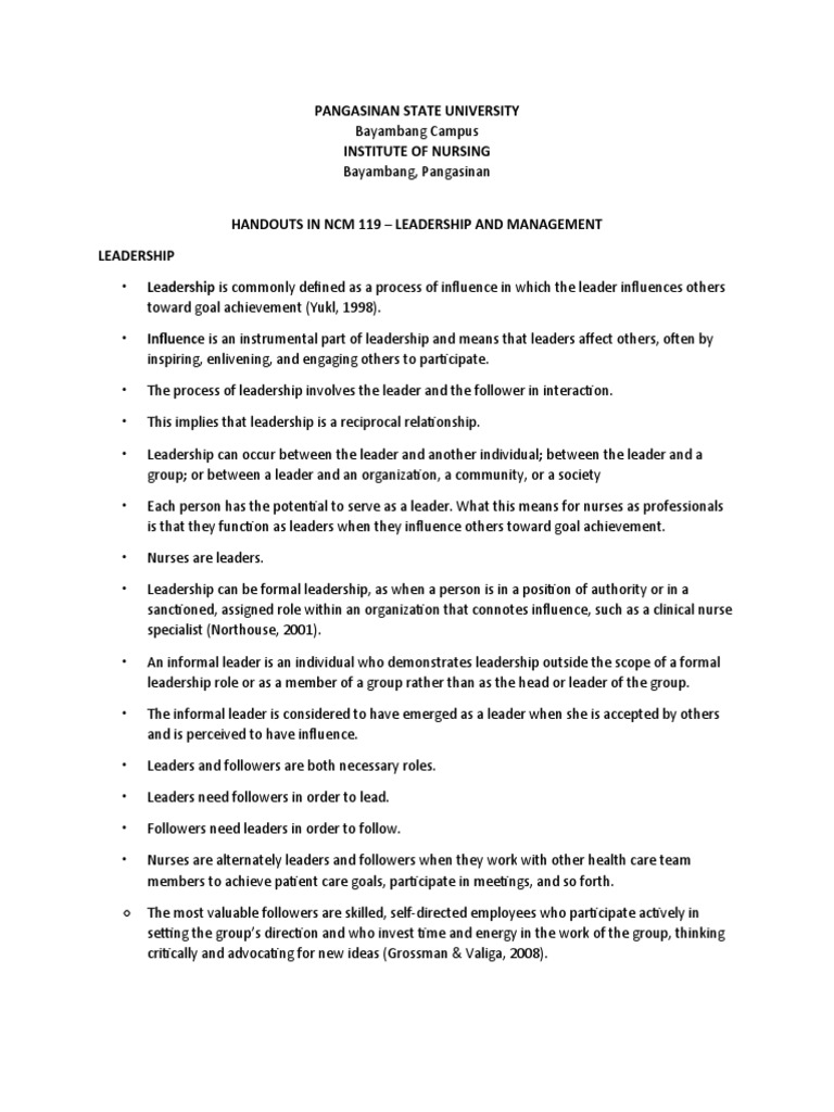 Handouts in NCM 119 | PDF | Leadership | Time