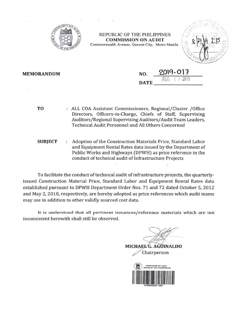 DPWH Rates Adopted for COA Audits | PDF