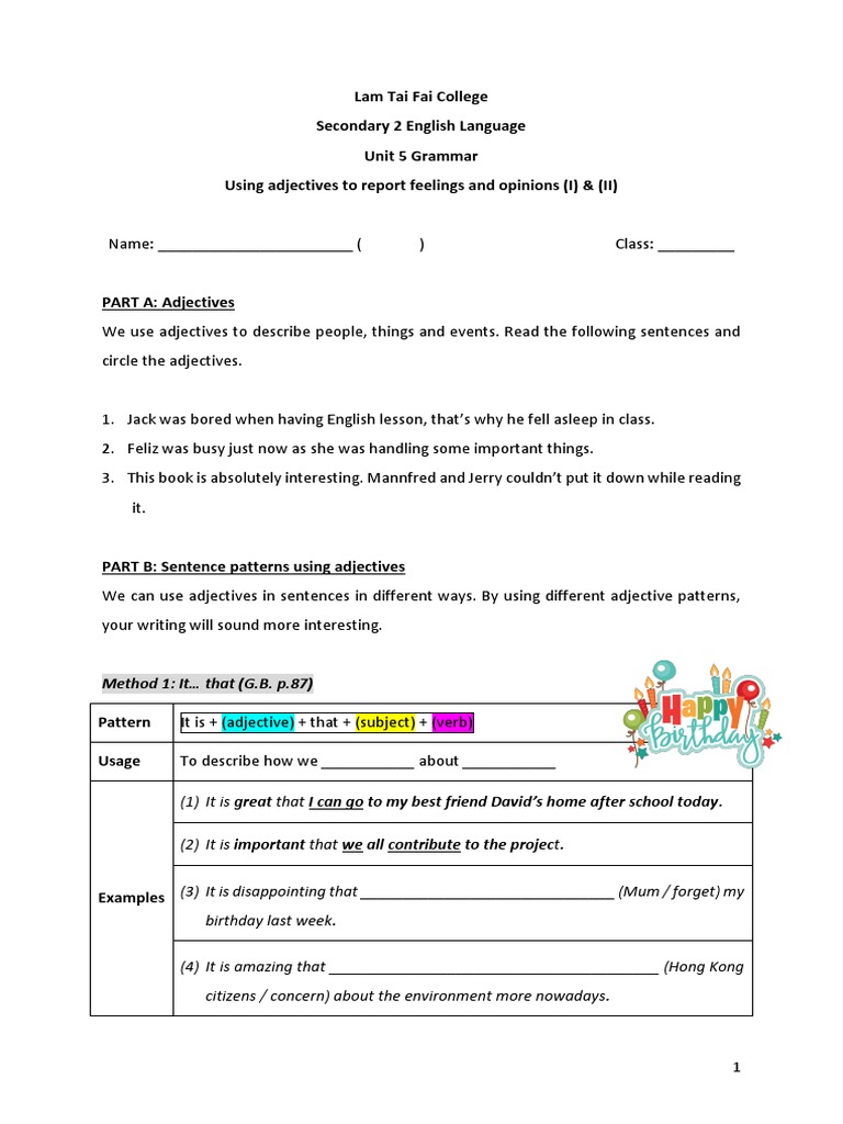 U5 - Adjective Patterns Notes | PDF | Adjective | Verb