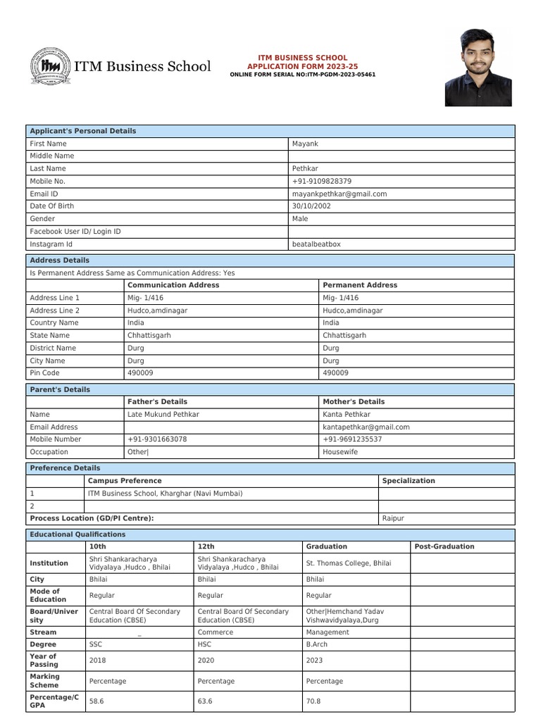 Application - Form - ITM PGDM 2023 05461 | PDF | Graduate Management ...