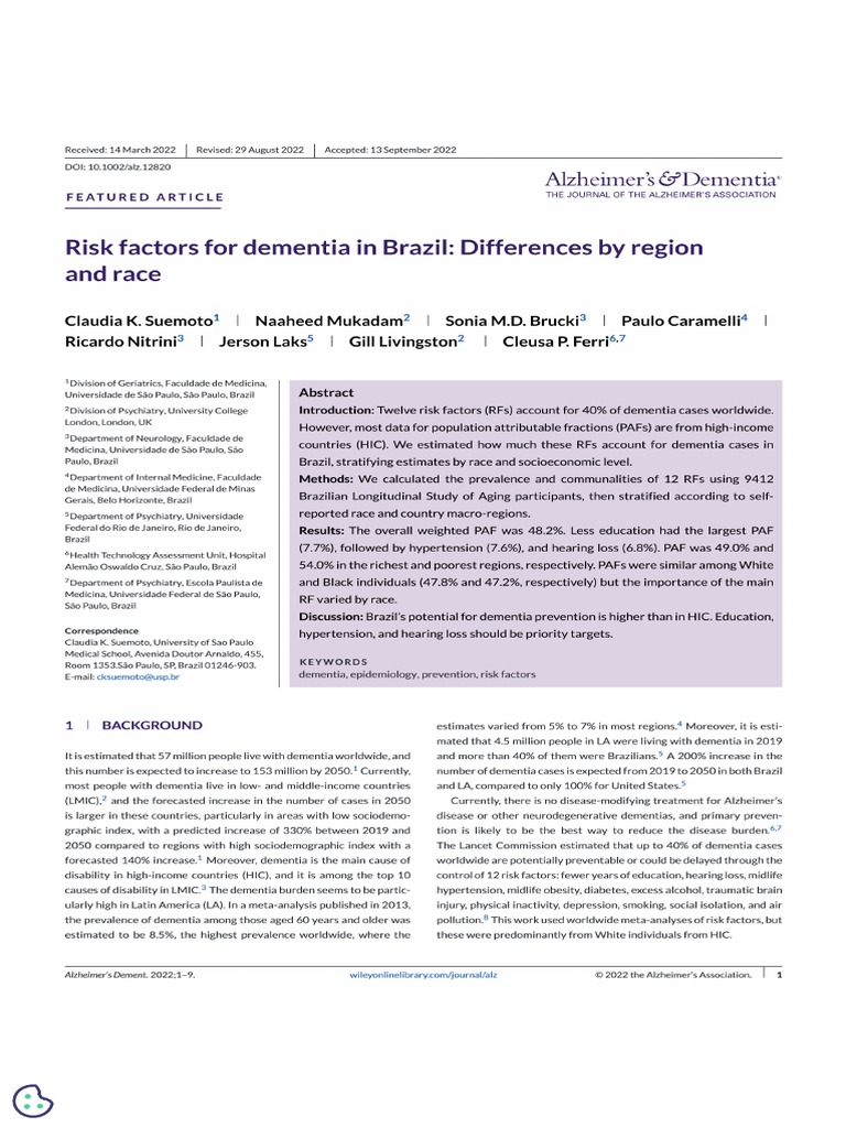 Risk Factors For Dementia in Brazil Differences by Region and Race ...