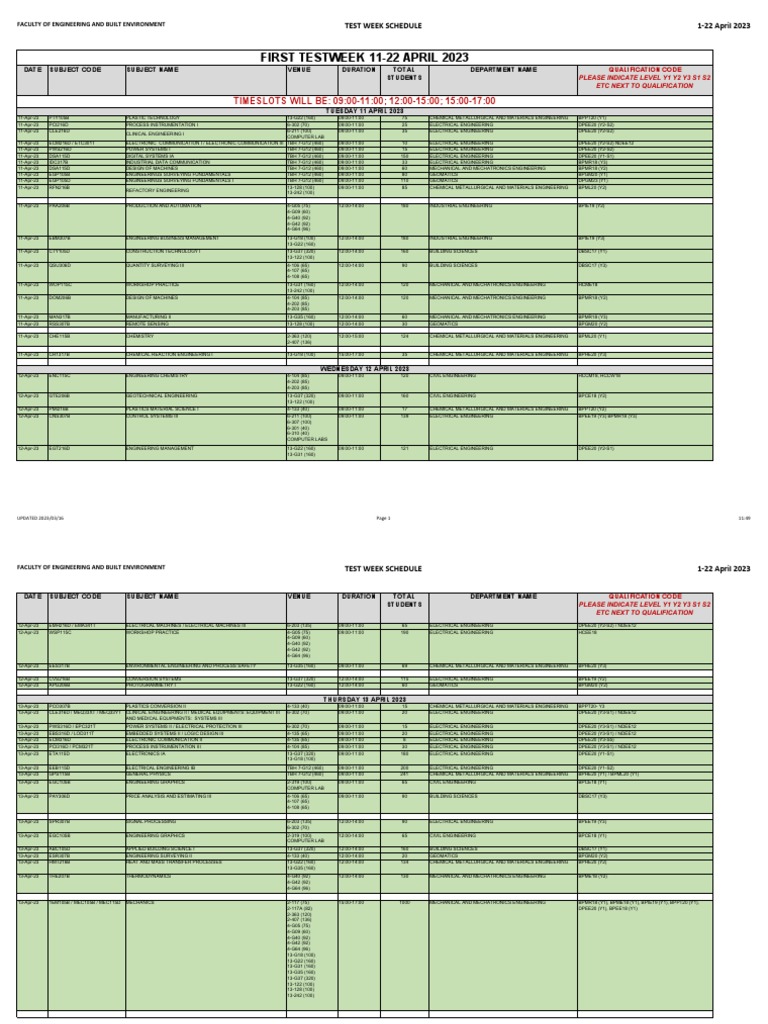 TEST WEEK 1 SCHEDULE 11-21 APRIL 2023 With ALLOCATED VENUES | PDF ...
