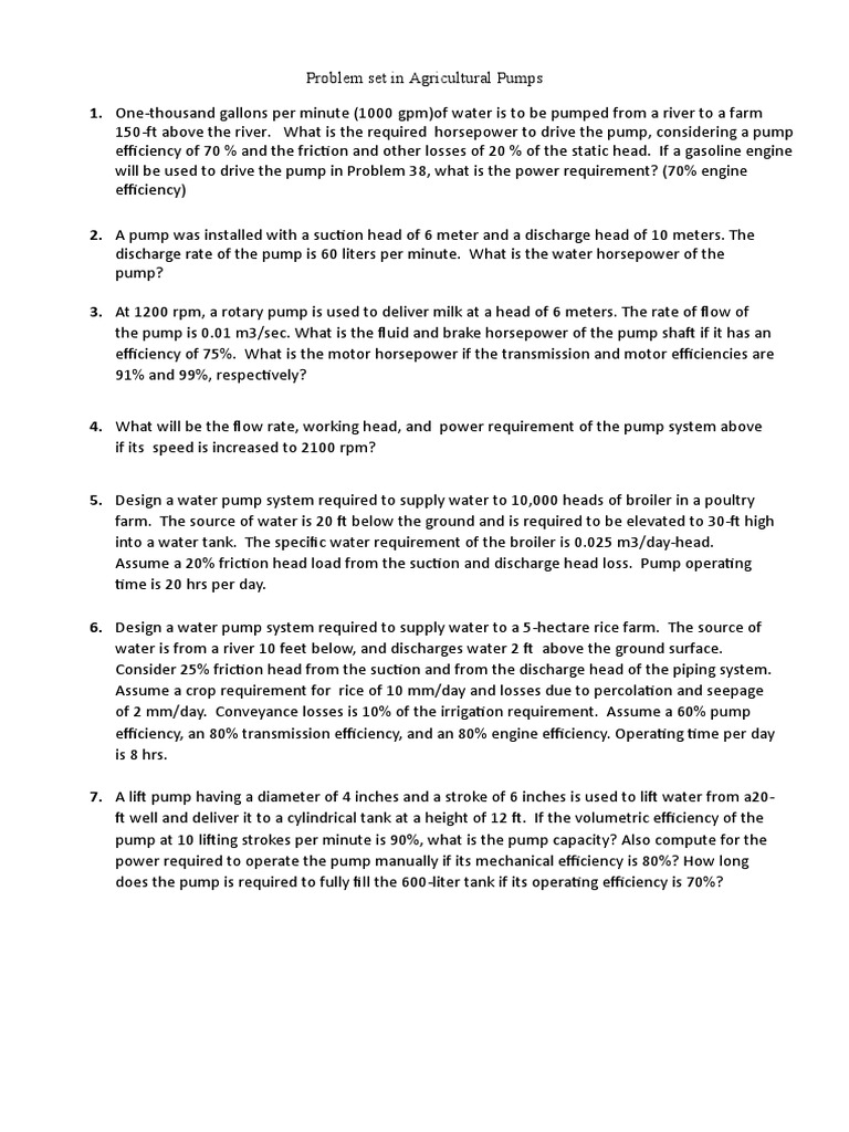 Solving Exercises in Agricultural Pumps | PDF | Pump | Horsepower