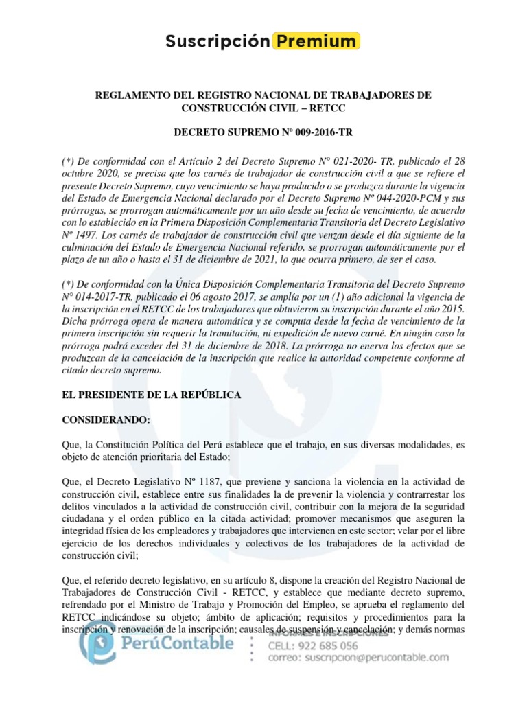 Reglamento Del Registro Nacional de Trabajadores de Construcción Civil ...