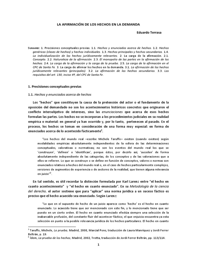 Terrasa, E. La Afirmación de Los Hechos en La Demanda (Zeus, Tomo 126, P 559) | PDF | Ley ...