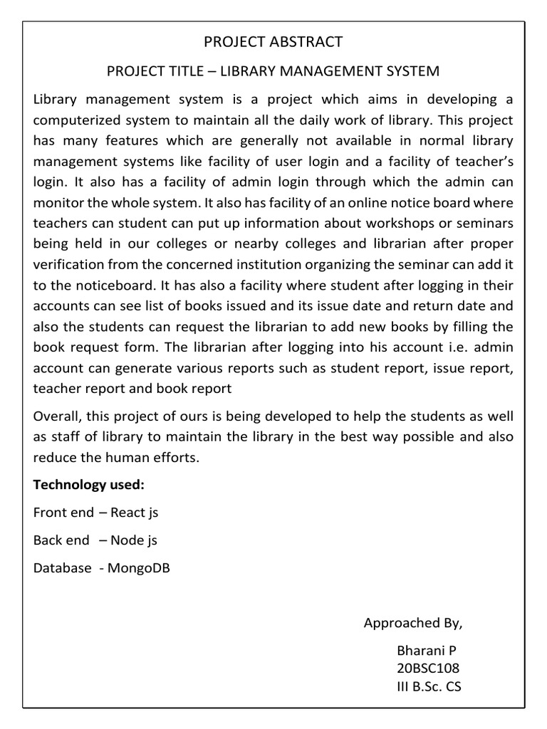 PROJECT ABSTRACT - Library Management System | PDF