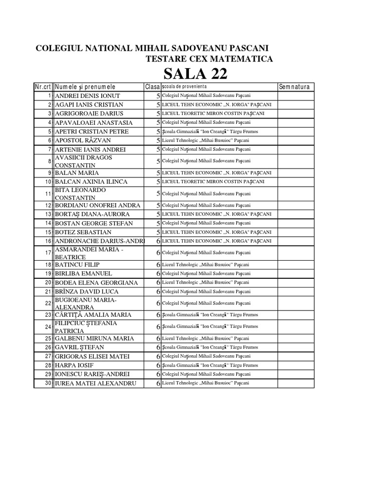 Repartitie Pe Sali Matematica 2022 | PDF