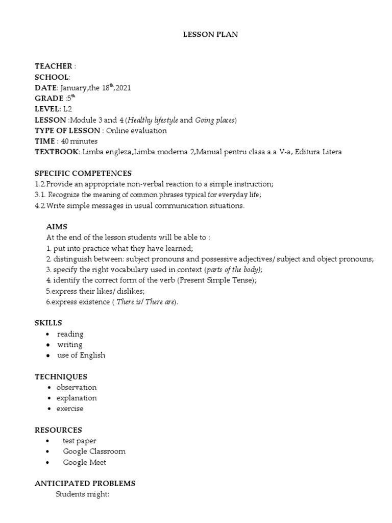 Lesson Plan 5 Evaluation | PDF | English Language | Verb