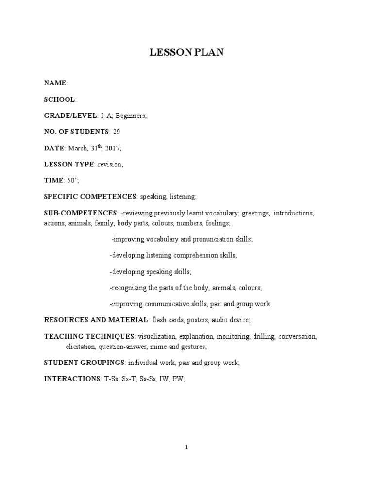 Lesson Plan Body Parts | PDF | Vocabulary | Psychological Concepts