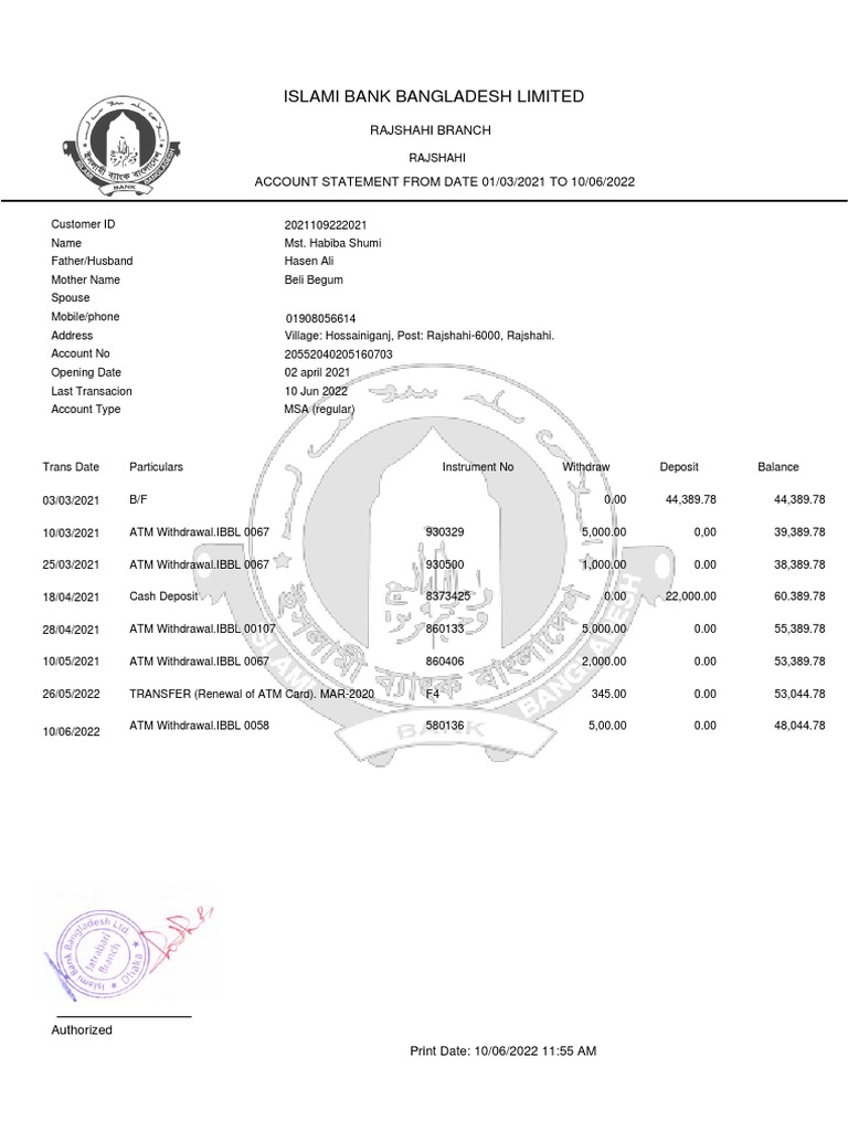 Islami Bank Bangladesh Statement | PDF