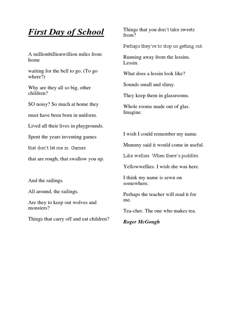 First Day of School by Roger McGough | PDF