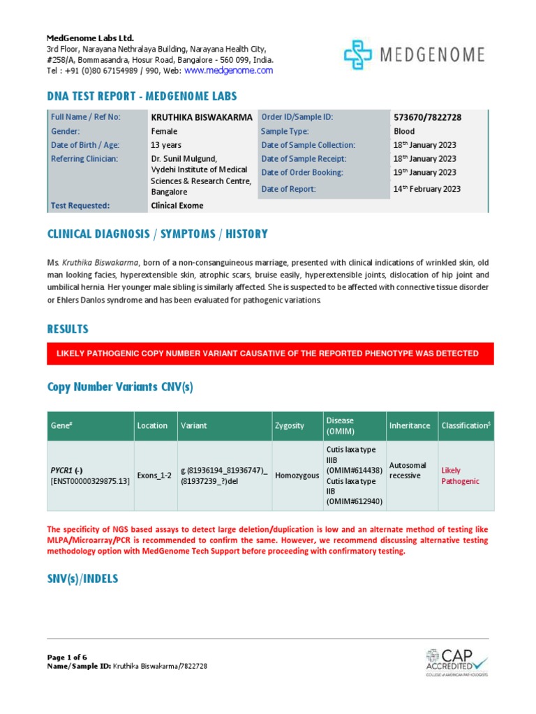 Dna Test Report - Medgenome Labs: Kruthika Biswakarma 573670/7822728 | PDF