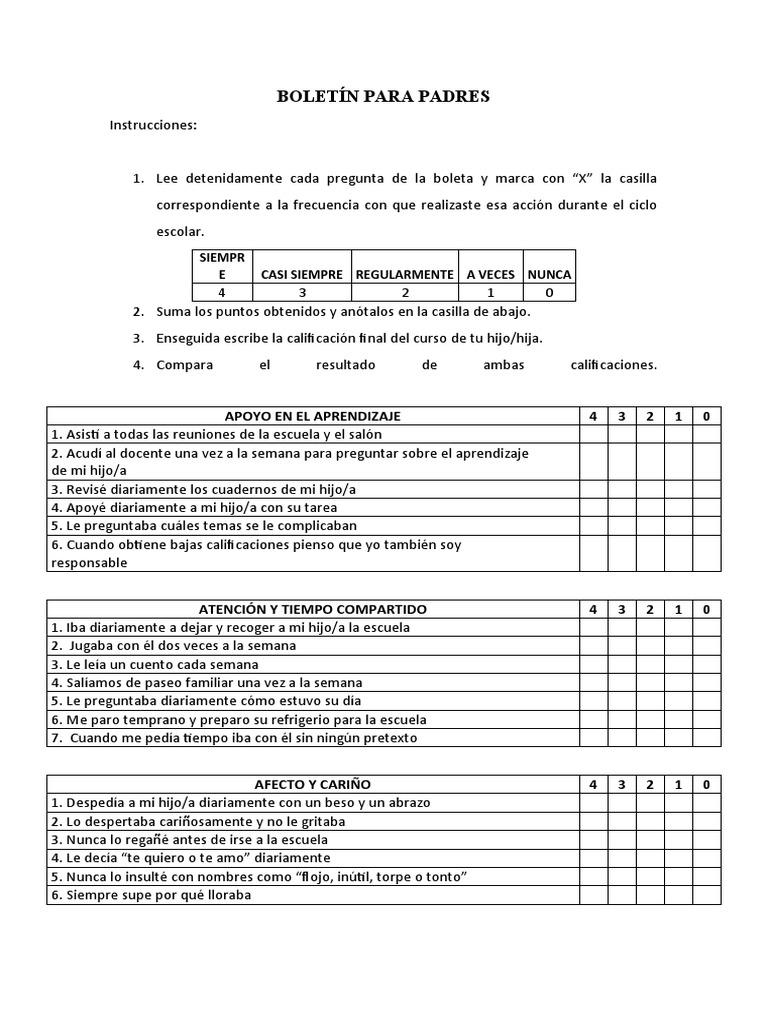 Boletín para Padres: Siempr E Casi Siempre Regularmente A Veces Nunca | PDF