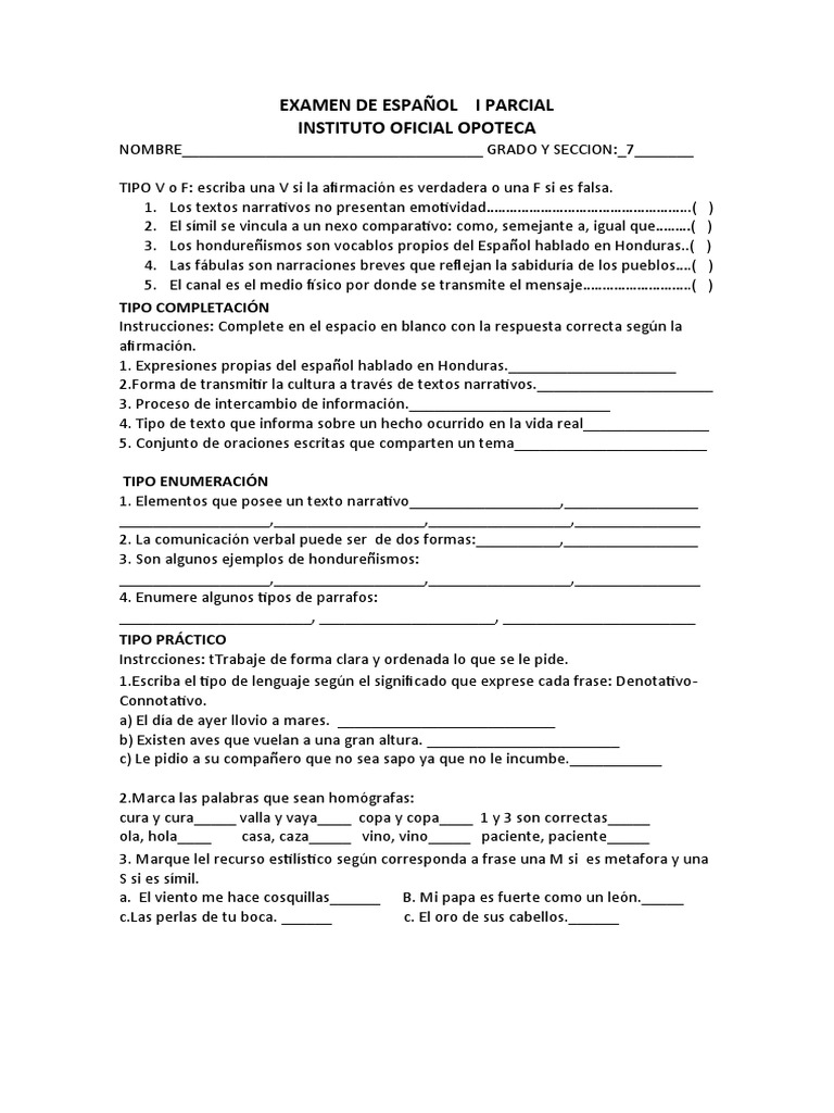 Examen de Español I Parcial Instituto Oficial Opoteca: Tipo CompletacióN | PDF
