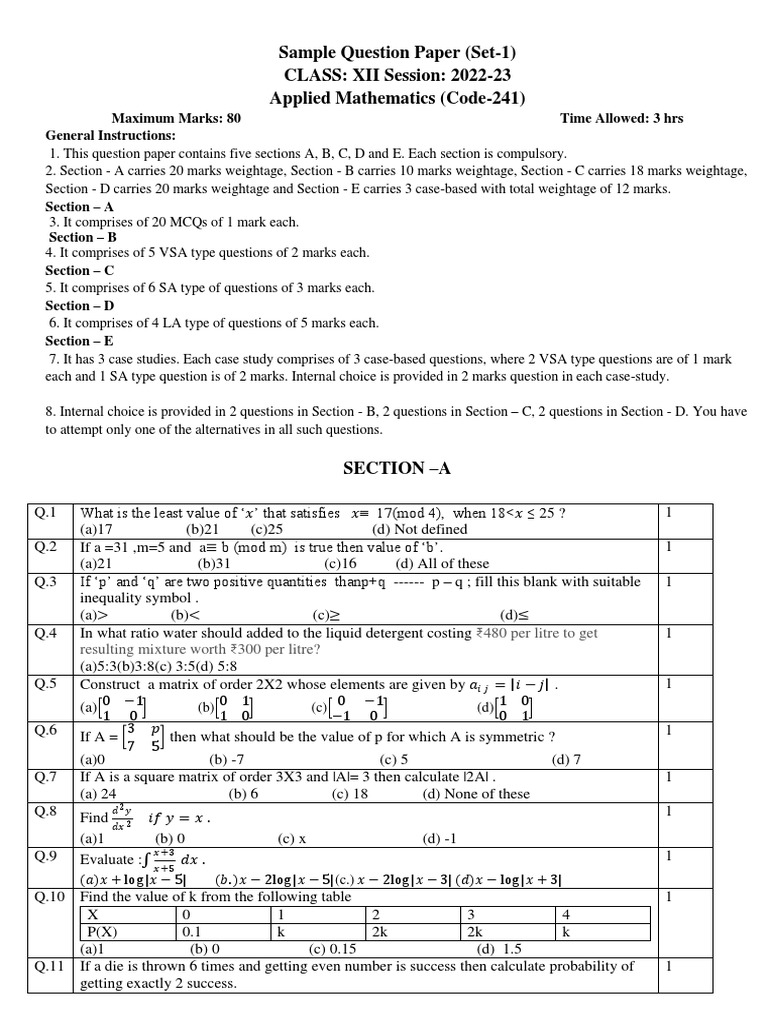 Class XII Applied Math Sample Paper | PDF | Errors And Residuals | Mean