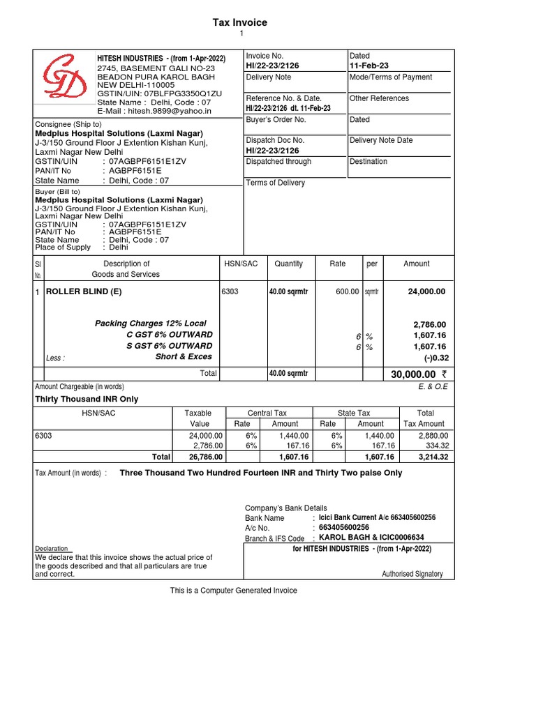 Tax Invoice: Medplus Hospital Solutions (Laxmi Nagar) | PDF | Invoice | Taxes