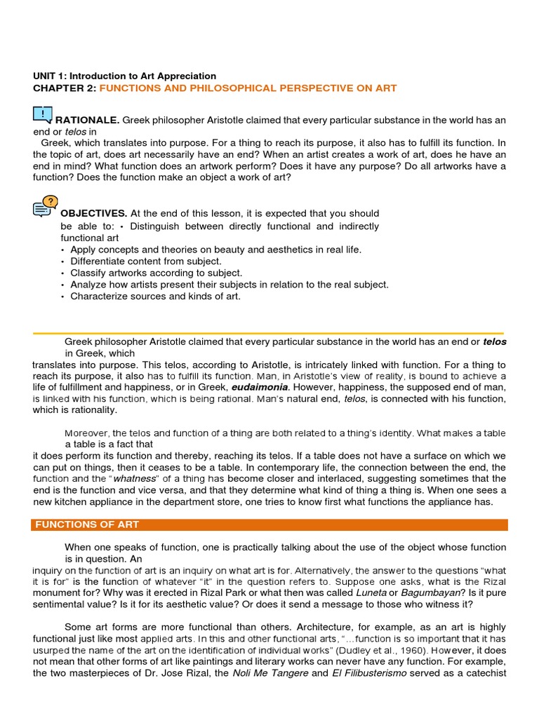 Functions and Philosophical Perspective On Art: Objectives | PDF | Beauty | Aristotle