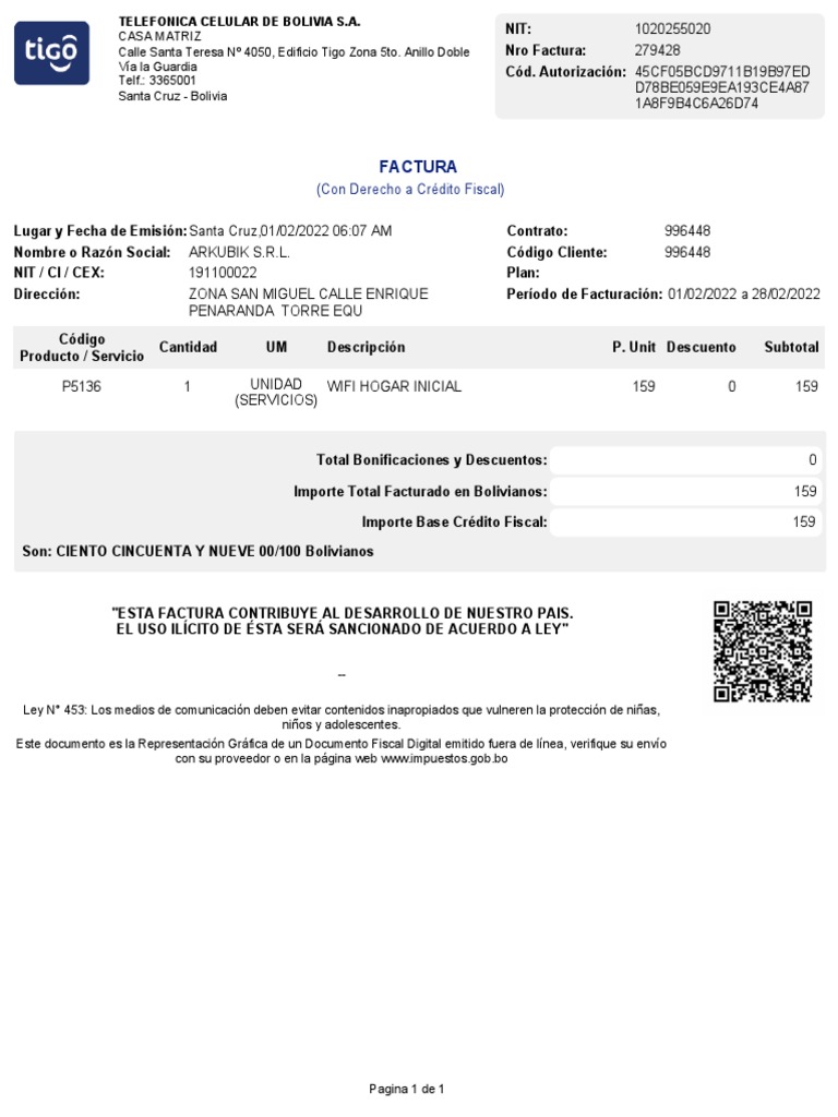 Factura Tigo Internet Oficina FEB | PDF