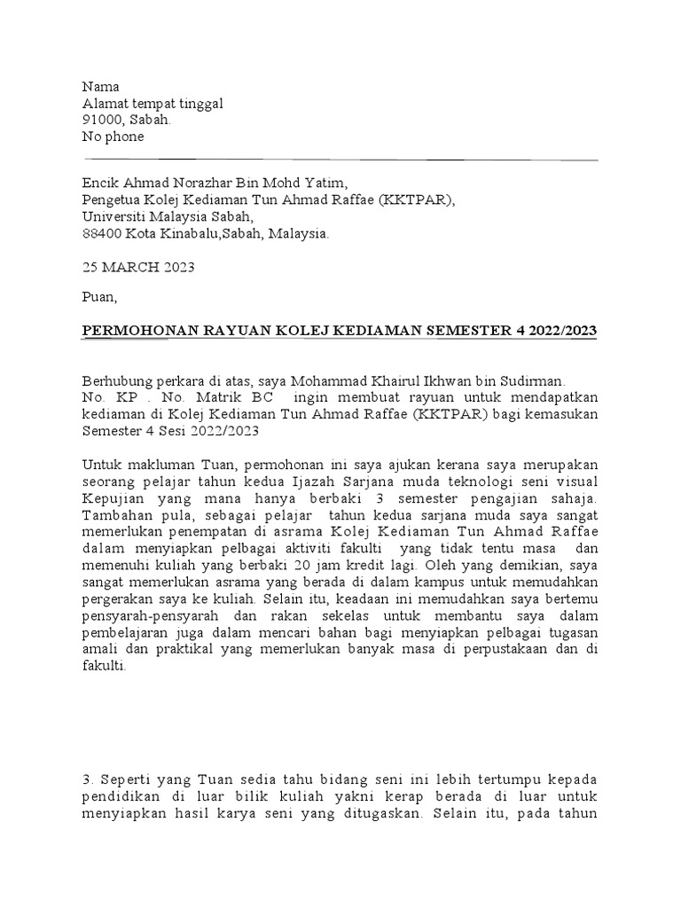 Contoh Surat Rayuan Kolej Kediaman | PDF