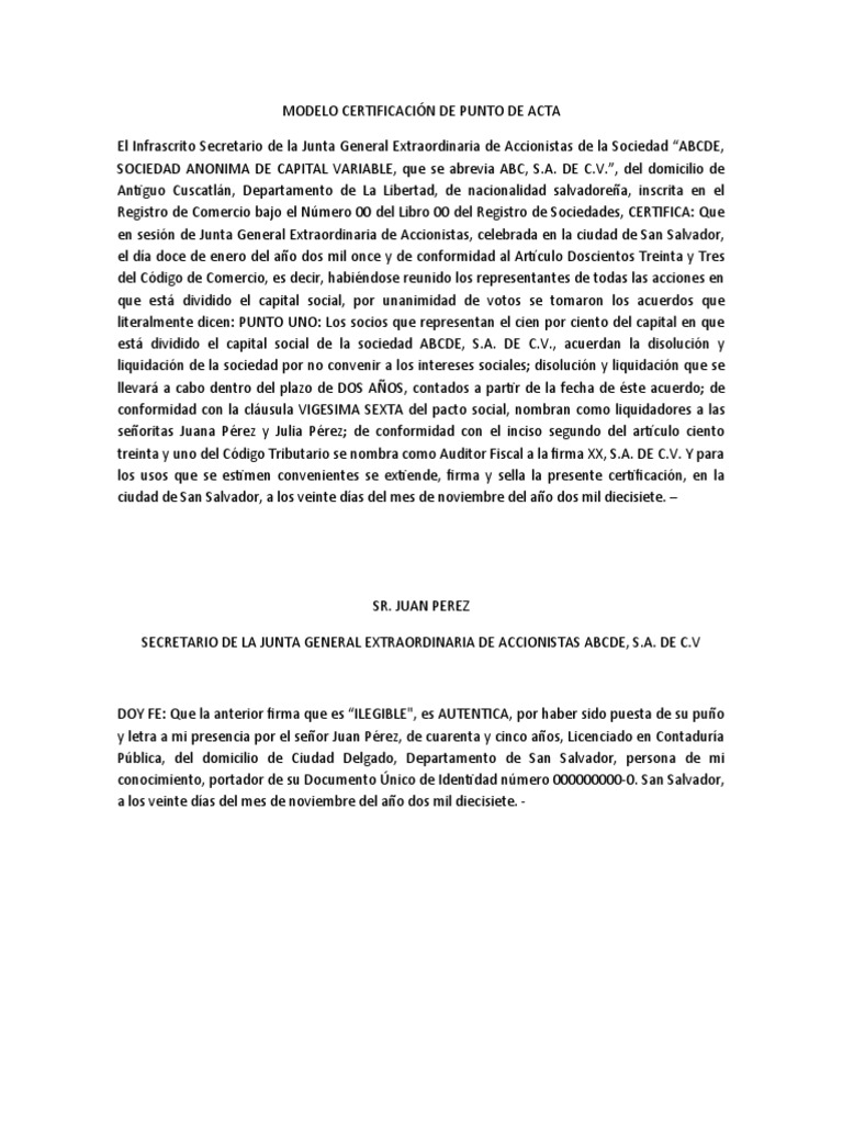 Modelo Certificación de Punto de Acta | PDF