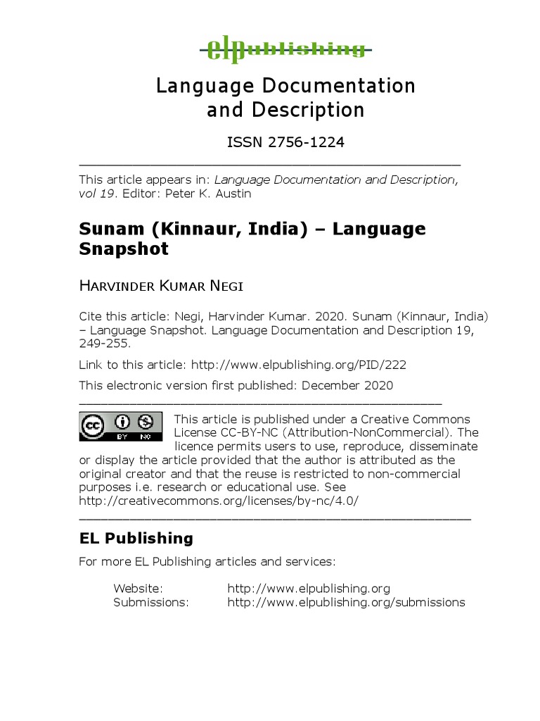 Language Documentation and Description: Sunam (Kinnaur, India ...