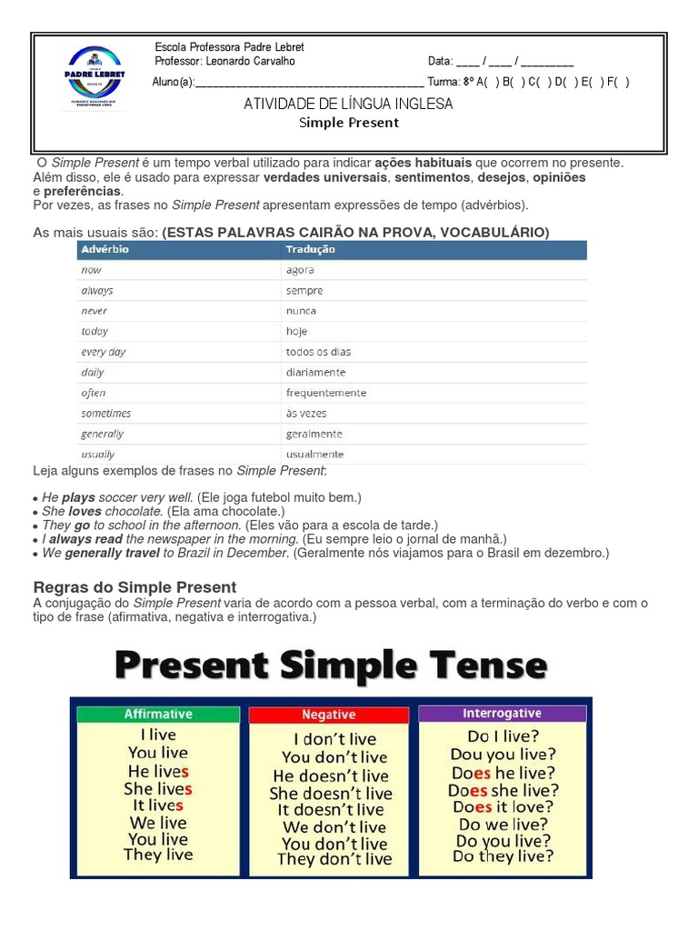 SIMPLE PRESENT | PDF | Assunto (gramática) | Pronome