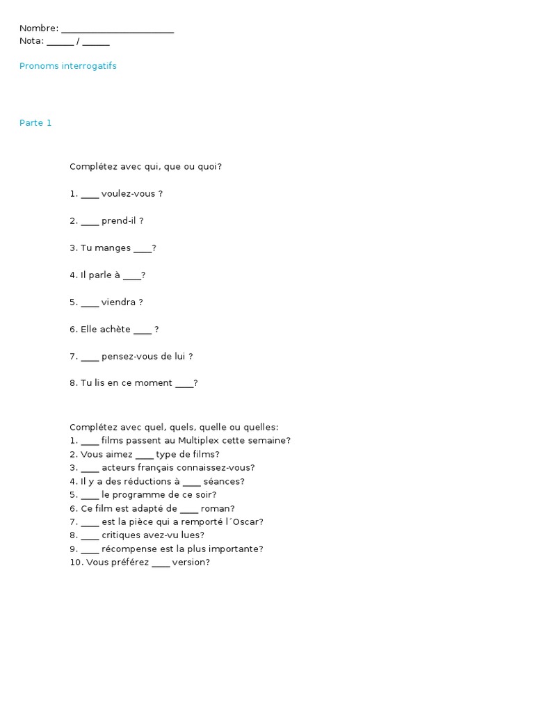 Exercices sur les pronoms interrogatifs | PDF | Arts du langage et ...