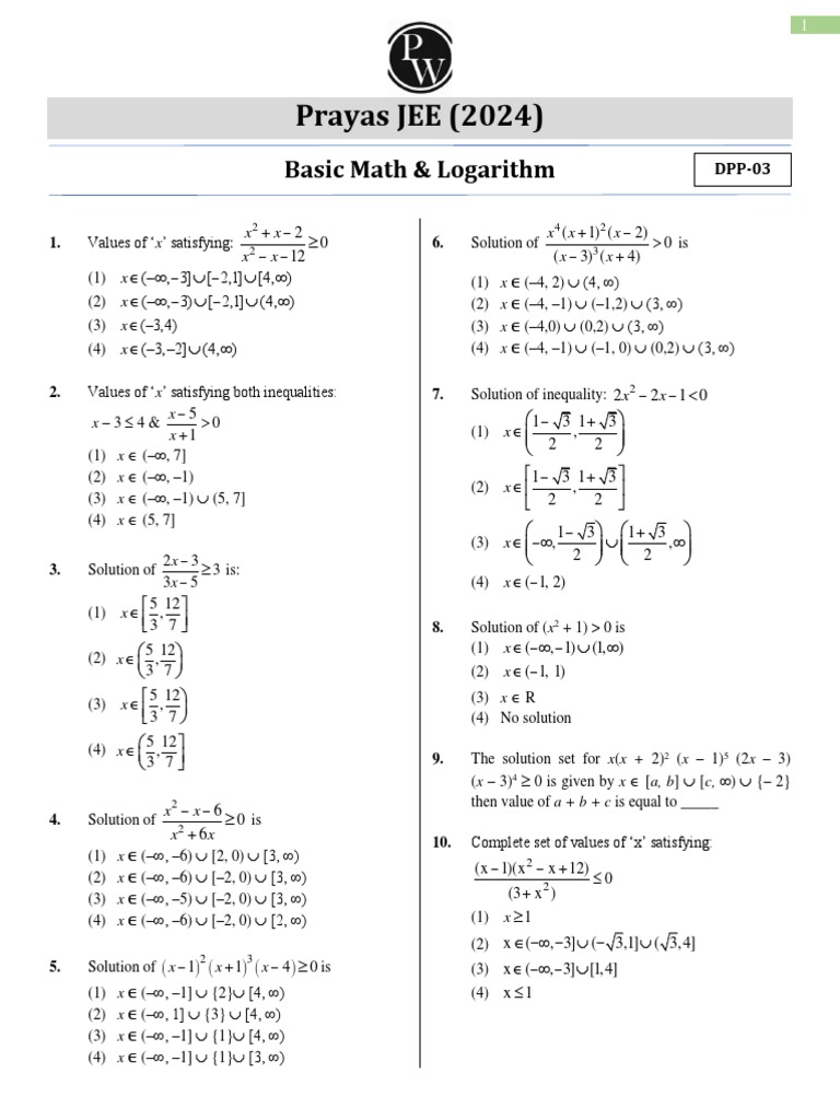 Prayas JEE (2024) : Basic Math & Logarithm | PDF | Mathematics | Mathematical Concepts