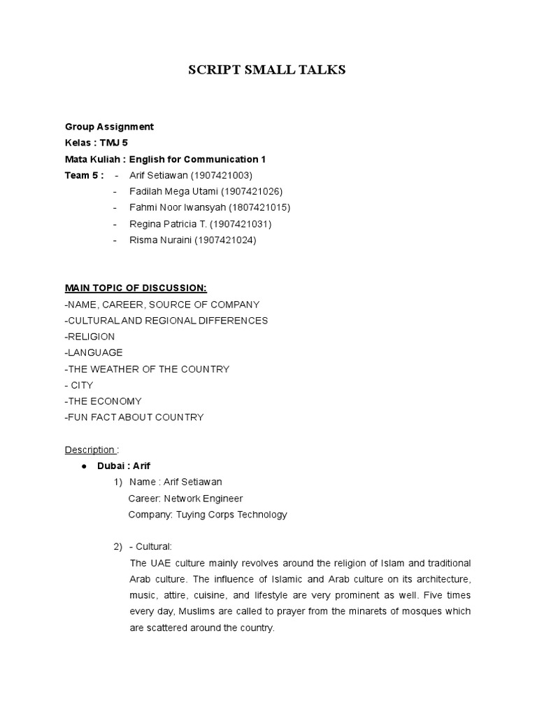 Script Small Talks - Group 5 - TMJ 5 - English For Communication 1 ...