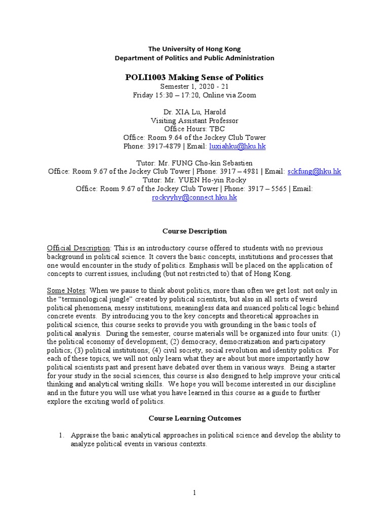 Introduction to Politics: Syllabus for POLI1003 Making Sense of Politics at the University of ...