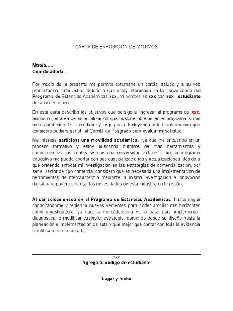 CARTA EXPOSICIÓN DE MOTIVOS Intercambio | PDF