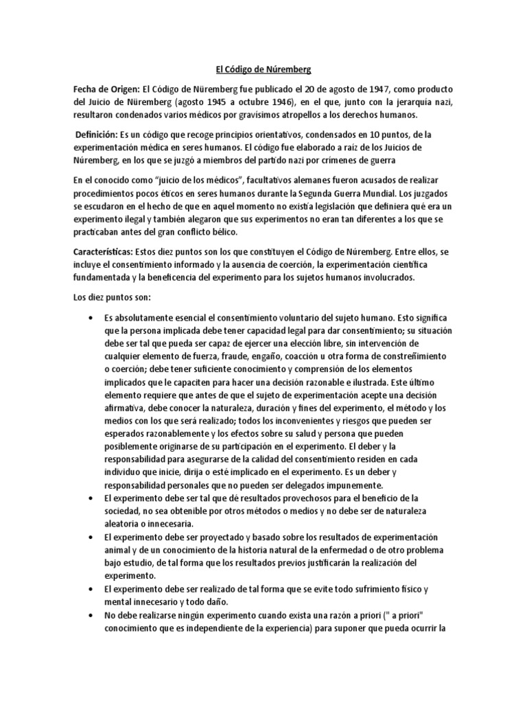 Principios del Código de Núremberg 1947 | PDF | Experimentar | Juicios ...